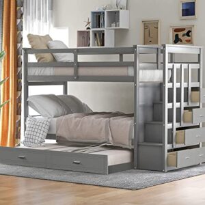 STP-Y Solid Wood Bunk Bed Frame No Box Spring Needed with Guardrails, Ladder and Storage Stairs for and Teens Platform, Twin Over Full, Gray (Color : Grey with Hiden Drawers)