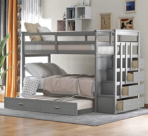 STP-Y Solid Wood Bunk Bed Frame No Box Spring Needed with Guardrails, Ladder and Storage Stairs for and Teens Platform, Twin Over Full, Gray (Color : Grey with Hiden Drawers)