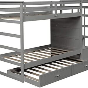 STP-Y Solid Wood Bunk Bed Frame No Box Spring Needed with Guardrails, Ladder and Storage Stairs for and Teens Platform, Twin Over Full, Gray (Color : Grey with Hiden Drawers)