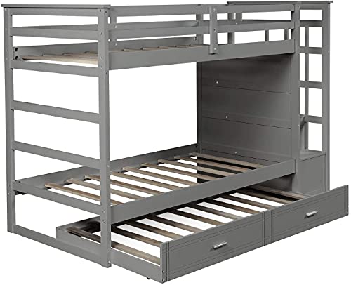 STP-Y Solid Wood Bunk Bed Frame No Box Spring Needed with Guardrails, Ladder and Storage Stairs for and Teens Platform, Twin Over Full, Gray (Color : Grey with Hiden Drawers)