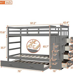 STP-Y Solid Wood Bunk Bed Frame No Box Spring Needed with Guardrails, Ladder and Storage Stairs for and Teens Platform, Twin Over Full, Gray (Color : Grey with Hiden Drawers)