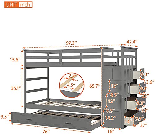 STP-Y Solid Wood Bunk Bed Frame No Box Spring Needed with Guardrails, Ladder and Storage Stairs for and Teens Platform, Twin Over Full, Gray (Color : Grey with Hiden Drawers)