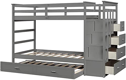 STP-Y Solid Wood Bunk Bed Frame No Box Spring Needed with Guardrails, Ladder and Storage Stairs for and Teens Platform, Twin Over Full, Gray (Color : Grey with Hiden Drawers)