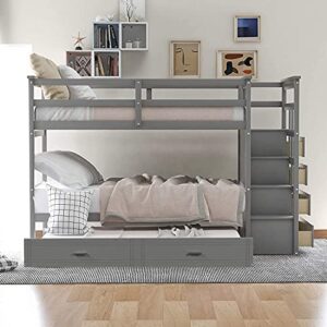 STP-Y Solid Wood Bunk Bed Frame No Box Spring Needed with Guardrails, Ladder and Storage Stairs for and Teens Platform, Twin Over Full, Gray (Color : Grey with Hiden Drawers)