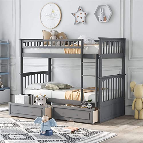 STP-Y Bunk Beds Full Over Full with Drawers, Solid Wood Full Bunk Beds with Ladder for Boys Girls Teens Adults, Gray (Color : Twin Gray)