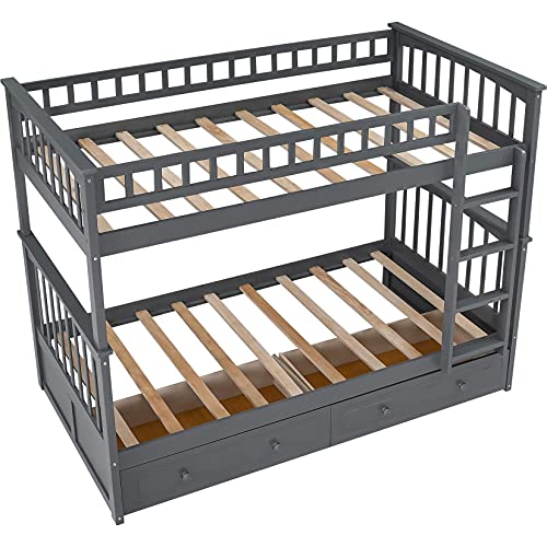 STP-Y Bunk Beds Full Over Full with Drawers, Solid Wood Full Bunk Beds with Ladder for Boys Girls Teens Adults, Gray (Color : Twin Gray)