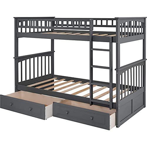 STP-Y Bunk Beds Full Over Full with Drawers, Solid Wood Full Bunk Beds with Ladder for Boys Girls Teens Adults, Gray (Color : Twin Gray)