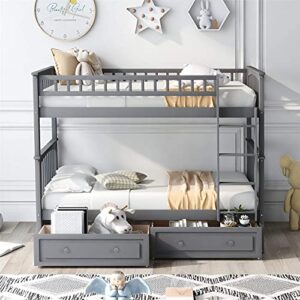 STP-Y Bunk Beds Full Over Full with Drawers, Solid Wood Full Bunk Beds with Ladder for Boys Girls Teens Adults, Gray (Color : Twin Gray)