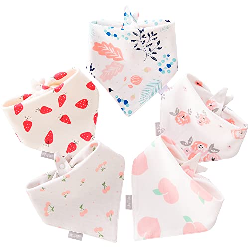 Eimmabey 100% Cotton Baby Bandana Drool Bibs for Drooling and Teething Nursery Burp Cloths 5 Pack Pink Strawberry Bibs for Girls