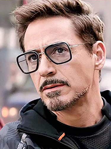 AIEYEZO Tony Stark Sunglasses Vintage Square Metal Frame Eyeglasses for Men Women - Iron Man and Edith Sun Glasses (Silver/Black)