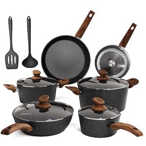 maison arts 12 piece pots and pans set kitchen cookware sets nonstick granite cooking set for induction & dishwasher safe, oven, stovetop, black