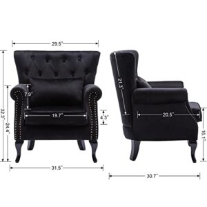 DM Furniture Mid Century Accent Chair Modern Button Tufted Armchair Club Chair Velvet Wingback Single Sofa Lounge Chair with Pillow for Living Room Bedroom, Black