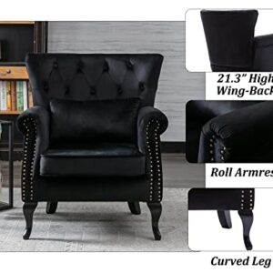 DM Furniture Mid Century Accent Chair Modern Button Tufted Armchair Club Chair Velvet Wingback Single Sofa Lounge Chair with Pillow for Living Room Bedroom, Black