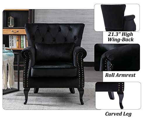 DM Furniture Mid Century Accent Chair Modern Button Tufted Armchair Club Chair Velvet Wingback Single Sofa Lounge Chair with Pillow for Living Room Bedroom, Black