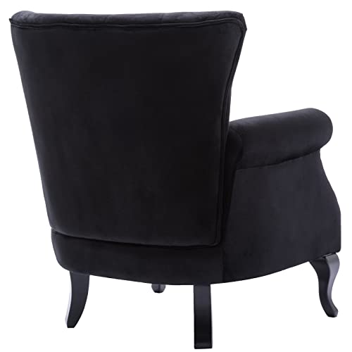 DM Furniture Mid Century Accent Chair Modern Button Tufted Armchair Club Chair Velvet Wingback Single Sofa Lounge Chair with Pillow for Living Room Bedroom, Black