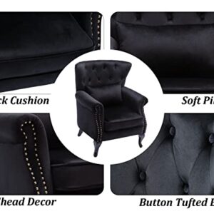 DM Furniture Mid Century Accent Chair Modern Button Tufted Armchair Club Chair Velvet Wingback Single Sofa Lounge Chair with Pillow for Living Room Bedroom, Black