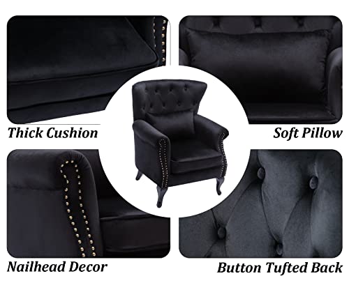 DM Furniture Mid Century Accent Chair Modern Button Tufted Armchair Club Chair Velvet Wingback Single Sofa Lounge Chair with Pillow for Living Room Bedroom, Black