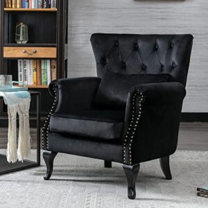 DM Furniture Mid Century Accent Chair Modern Button Tufted Armchair Club Chair Velvet Wingback Single Sofa Lounge Chair with Pillow for Living Room Bedroom, Black