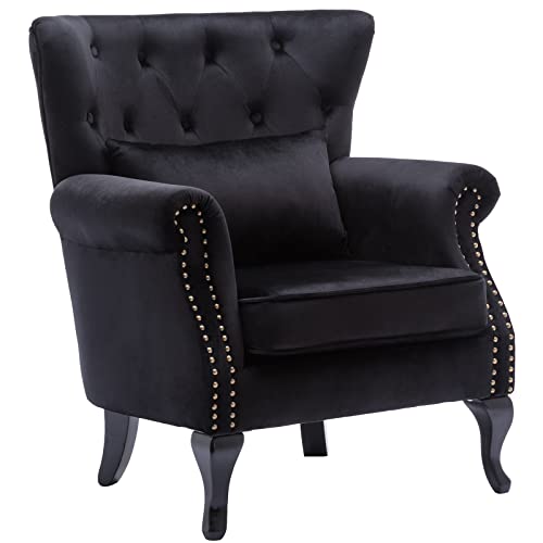 DM Furniture Mid Century Accent Chair Modern Button Tufted Armchair Club Chair Velvet Wingback Single Sofa Lounge Chair with Pillow for Living Room Bedroom, Black