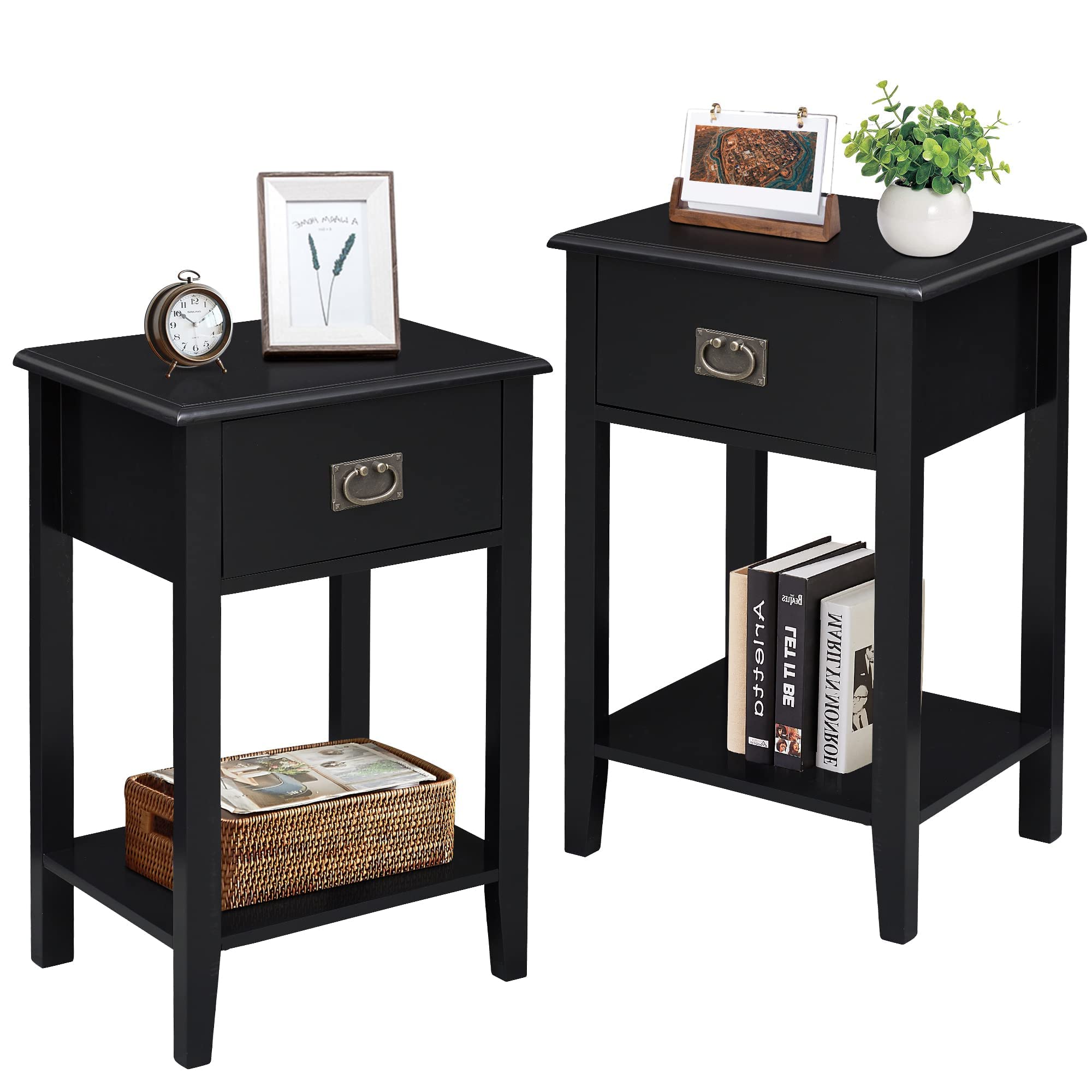 VECELO Nightstands Set of 2 End/Side Tables Living Room Bedroom Bedside, Vintage Accent Furniture Small Space, Solid Wood Legs, One Drawer, Black