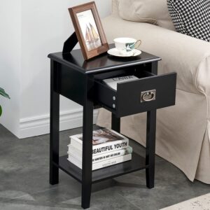 VECELO Nightstands Set of 2 End/Side Tables Living Room Bedroom Bedside, Vintage Accent Furniture Small Space, Solid Wood Legs, One Drawer, Black