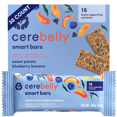 Cerebelly Toddler Snack Bars – Organic Sweet Potato Blueberry Banana Smart Bars (Pack of 30), Healthy Snack Bars for Kids - 16 Brain-supporting Nutrients from Superfoods - Made with Gluten Free Ingredients, Nut Free, No Added Sugar, Organic Whole Grain Nu