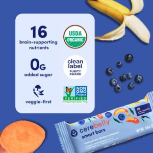 Cerebelly Toddler Snack Bars – Organic Sweet Potato Blueberry Banana Smart Bars (Pack of 30), Healthy Snack Bars for Kids - 16 Brain-supporting Nutrients from Superfoods - Made with Gluten Free Ingredients, Nut Free, No Added Sugar, Organic Whole Grain Nu