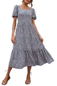 prettygarden women's bohemian dress leopard tie-back square neck puff sleeve ruffled hem summer maxi dresses(blue,x-large)