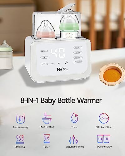 Baby Bottle Warmer, 8-in-1 Fast Milk Warmer for Breastmilk or Formula with Timer, 24H Constant Warming, with Defrost, Heat Baby Food Jars, Sterili-zing Function, Accurate Temp Control, Fits 2 Bottles