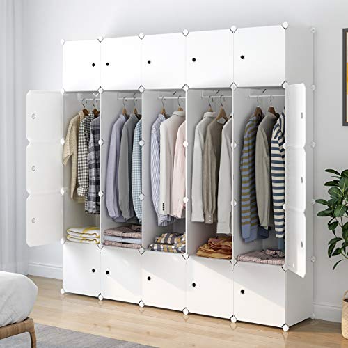 Aeitc Portable Wardrobe Closets 14"x18" Depth Bedroom Armoire, Clothes Storage Organizer with Doors, 25 Cubes, White