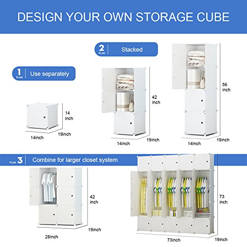 Aeitc Portable Wardrobe Closets 14"x18" Depth Bedroom Armoire, Clothes Storage Organizer with Doors, 25 Cubes, White