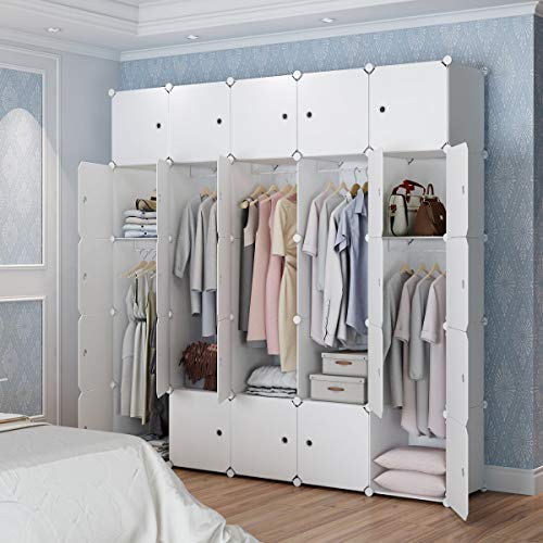 Aeitc Portable Wardrobe Closets 14"x18" Depth Bedroom Armoire, Clothes Storage Organizer with Doors, 25 Cubes, White