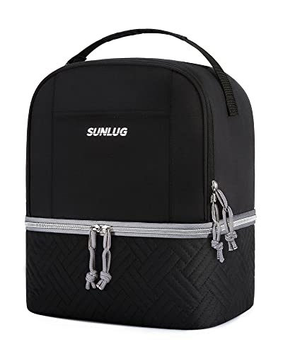 SUNLUG Large Lunch Bag Women 13.5L Double Deck Lunch Box Insulated Cooler Lunch Tote Bag Reusable Adult Lunch Bag Women for Work, Picnic, Black