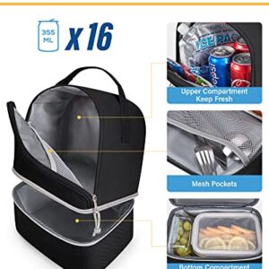 SUNLUG Large Lunch Bag Women 13.5L Double Deck Lunch Box Insulated Cooler Lunch Tote Bag Reusable Adult Lunch Bag Women for Work, Picnic, Black