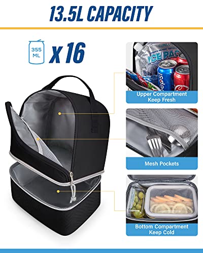 SUNLUG Large Lunch Bag Women 13.5L Double Deck Lunch Box Insulated Cooler Lunch Tote Bag Reusable Adult Lunch Bag Women for Work, Picnic, Black