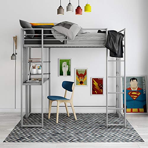 DHP Abode Twin Size Metal Loft Bed, Black & Abode Twin Size Metal Loft Bed, Silver