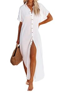 dokotoo womens summer beach button down kimonos long cardigan short sleeve side split casual solid loose fit bathing suit swimsuit cover ups for women white small