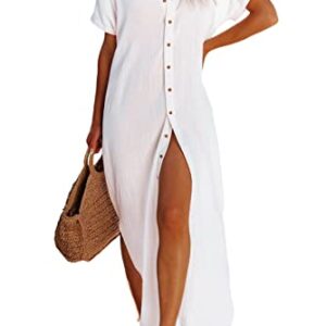 Dokotoo Womens Summer Beach Button Down Kimonos Long Cardigan Short Sleeve Side Split Casual Solid Loose Fit Bathing Suit Swimsuit Cover Ups for Women White Small