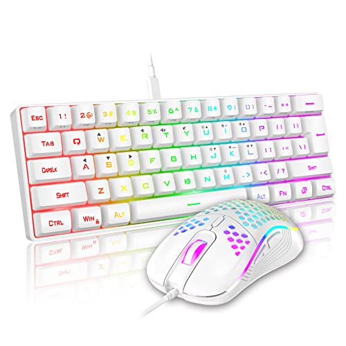 RedThunder 60% Mini Gaming Keyboard and Mouse Combo, Lightweight, Ultra-Compact 61 Keys RGB Backlit,7200 DPI Honeycomb Optical Mouse, Wired Gaming Set for PC MAC PS5 Xbox Gamer(White)