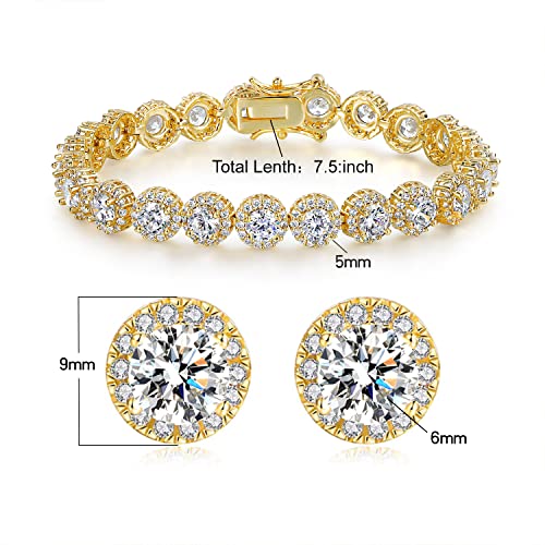 18K Gold Plated Tennis Bracelet and Round Cubic Zirconia Stud Earrings Sets for Women Men Hypoallergenic Halo Jewelry