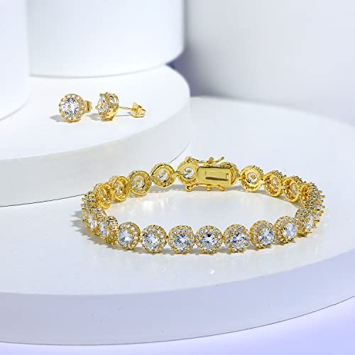 18K Gold Plated Tennis Bracelet and Round Cubic Zirconia Stud Earrings Sets for Women Men Hypoallergenic Halo Jewelry