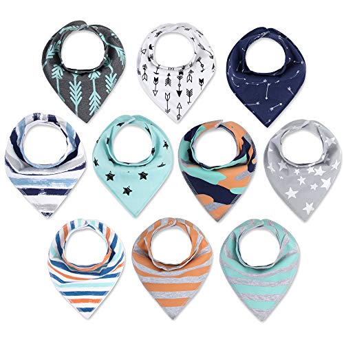 Waterproof Adjustable Bandana Cloth, Terry Bibs with Snaps, for Babies in Multipack Sets of 6 and 10 (Boys 10 Pack)