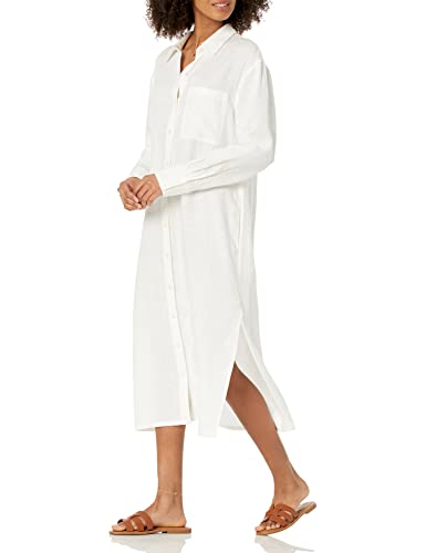 The Drop Women's Fiona Relaxed Linen Midi Shirt Dress, White, S