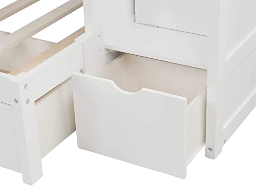 STP-Y Twin Over Full/Twin Stairway Bunk Bed with Storage Shelves and Drawers Wood Convertible Bottom Bed Bedroom Furniture for Adults, No Spring Box Needed,White (Color : White)