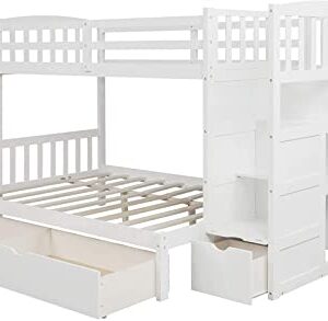 STP-Y Twin Over Full/Twin Stairway Bunk Bed with Storage Shelves and Drawers Wood Convertible Bottom Bed Bedroom Furniture for Adults, No Spring Box Needed,White (Color : White)