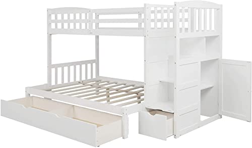 STP-Y Twin Over Full/Twin Stairway Bunk Bed with Storage Shelves and Drawers Wood Convertible Bottom Bed Bedroom Furniture for Adults, No Spring Box Needed,White (Color : White)