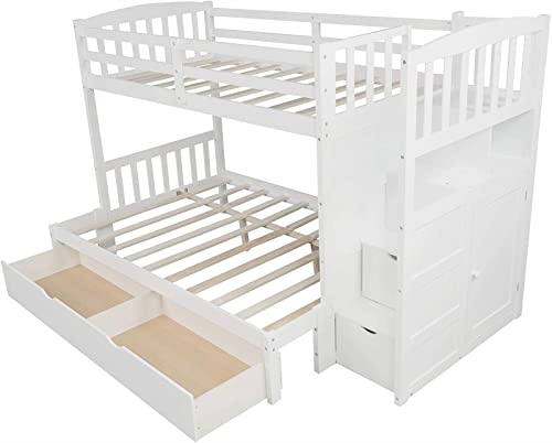 STP-Y Twin Over Full/Twin Stairway Bunk Bed with Storage Shelves and Drawers Wood Convertible Bottom Bed Bedroom Furniture for Adults, No Spring Box Needed,White (Color : White)