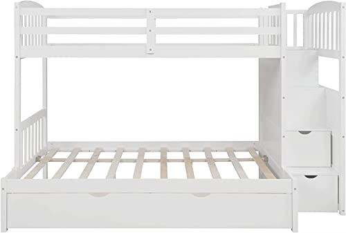 STP-Y Twin Over Full/Twin Stairway Bunk Bed with Storage Shelves and Drawers Wood Convertible Bottom Bed Bedroom Furniture for Adults, No Spring Box Needed,White (Color : White)