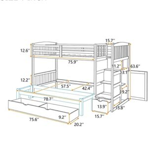 STP-Y Twin Over Full/Twin Stairway Bunk Bed with Storage Shelves and Drawers Wood Convertible Bottom Bed Bedroom Furniture for Adults, No Spring Box Needed,White (Color : White)