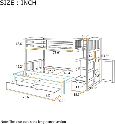 STP-Y Twin Over Full/Twin Stairway Bunk Bed with Storage Shelves and Drawers Wood Convertible Bottom Bed Bedroom Furniture for Adults, No Spring Box Needed,White (Color : White)